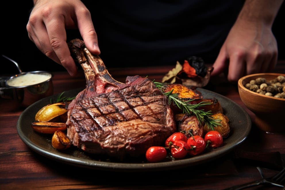 Human Hand Serving Grilled T-bone Steak on a Plate Stock Image - Image ...