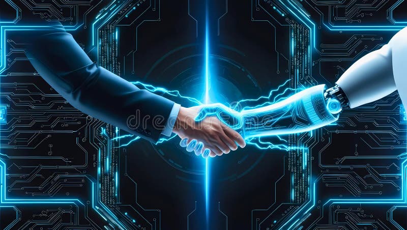 A Human Hand Shakes the Hand of an AI, Depicted As a Glowing Robotic ...
