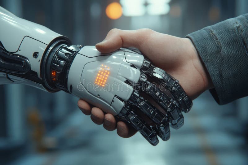 Human Hand Shakes a Robotic Hand. Collaboration between Human and AI ...
