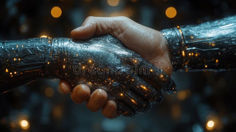 A Human Hand Shakes a Robotic Hand in a Futuristic Setting Illuminated ...