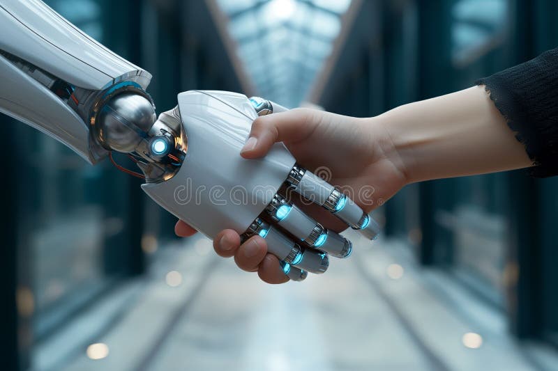 A Human Hand Shakes a Robotic Hand, Symbolizing Collaboration and Unity ...