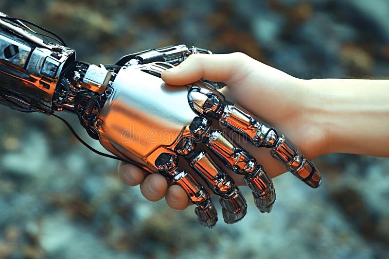Human Hand Shaking a Chrome Robot Hand Symbolizing Collaboration Stock ...