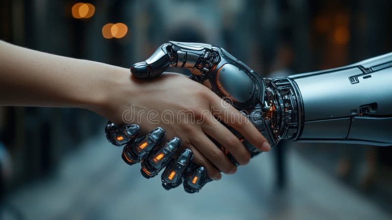Human Hand Shaking Hands with AI-Powered Robotic Hand Symbolizing Human ...