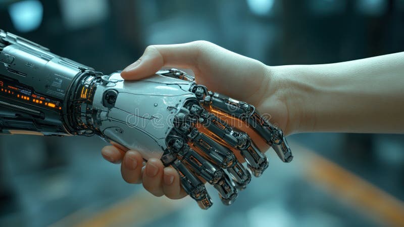 Human Hand Shaking Hands with AI-Powered Robotic Hand Symbolizing Human ...
