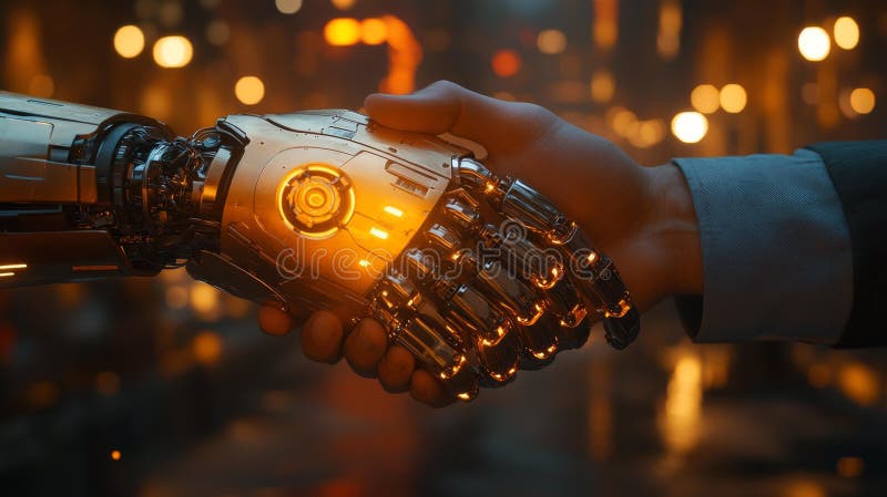 Human Hand Shaking a Robot Hand in a Futuristic Setting Generative AI ...