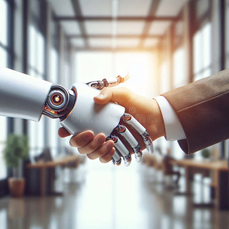 A Human Hand Shaking a Robotic Hand, Symbolizing Collaboration between ...