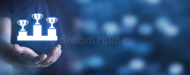 Human Hand Showing Winners Podium with Three Winning Cups Stock Image ...