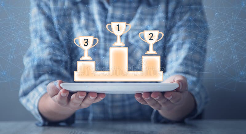 Human Hand Showing Winners Podium with Three Winning Cups Stock Photo ...