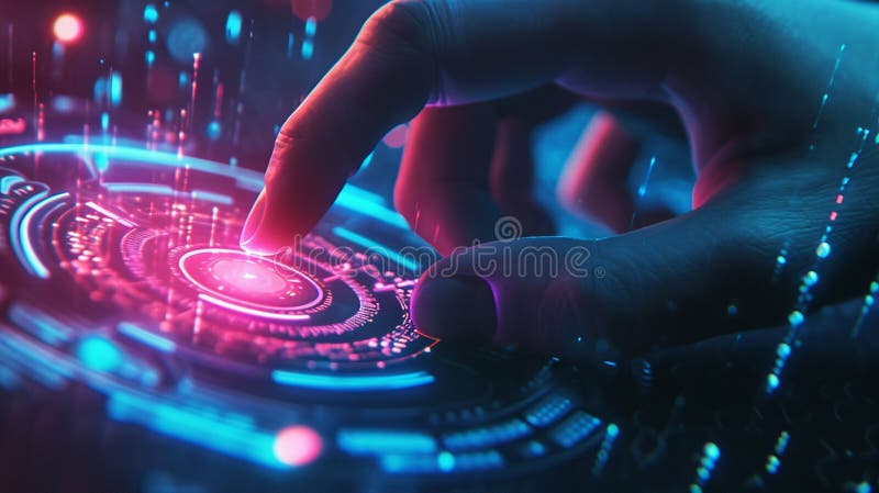 Hand Pressing Button on Futuristic Device Stock Illustration ...