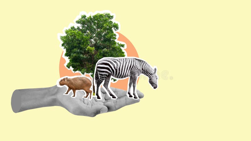 A Human Hand Shows a Green Tree with a Capybara and Zebra Stock Image ...