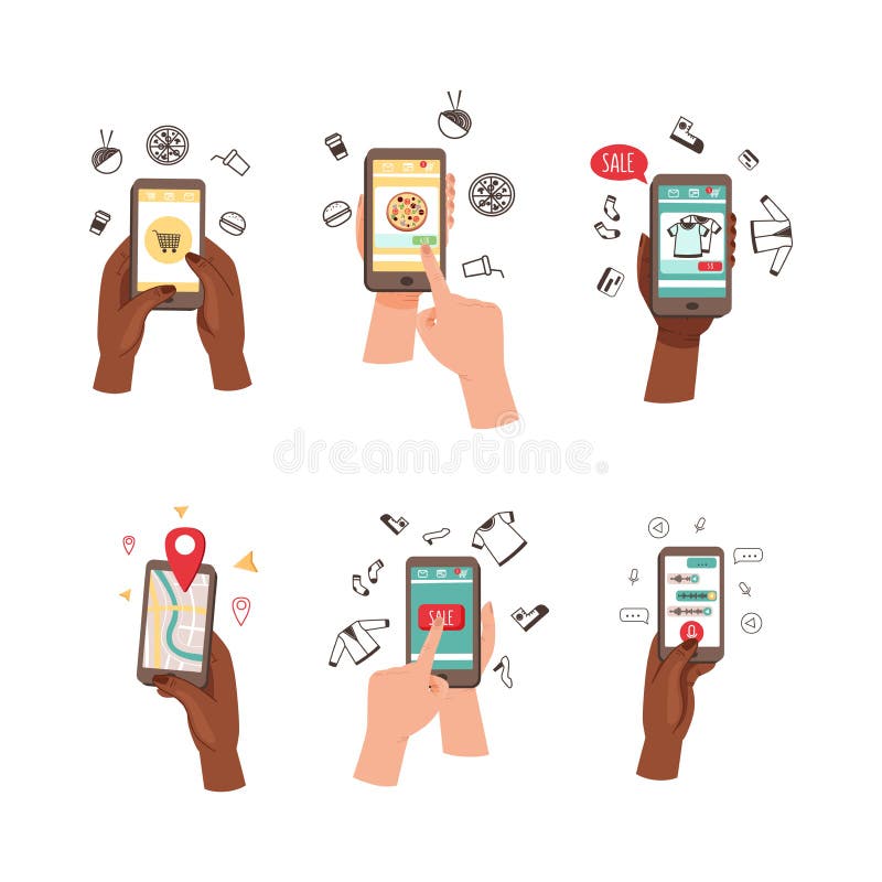 Human Hand with Smartphone Using Different App Like Online Shop and ...