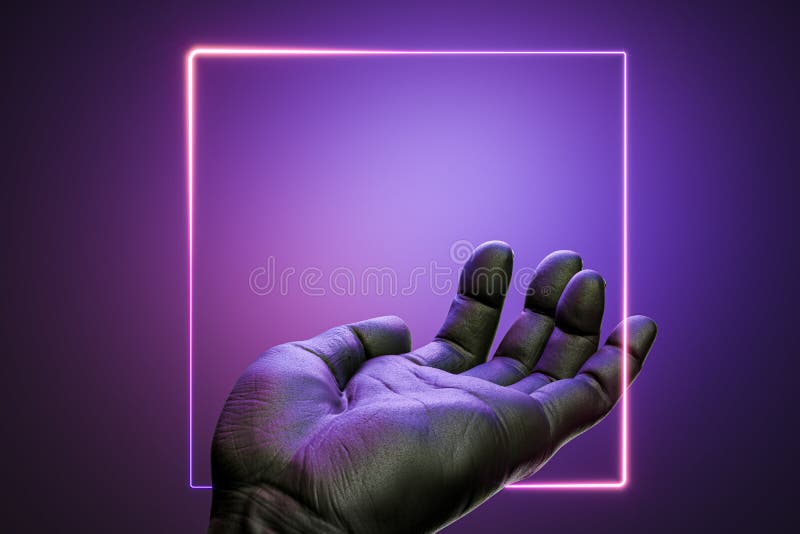 Human Hand Stretched Toward Neon Frame. Hand Illuminated by Violet Neon ...