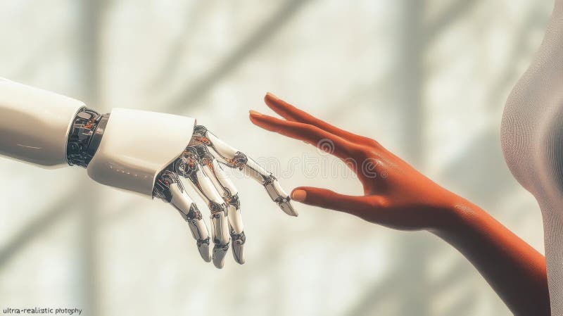 Human Hand Touches Robot Hand Showing Connection and Artificial General ...