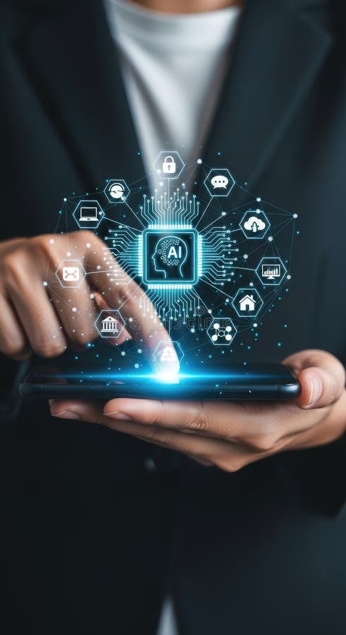 Human Hand Touches Smart Mobile Device Screen, Displaying Glowing ...