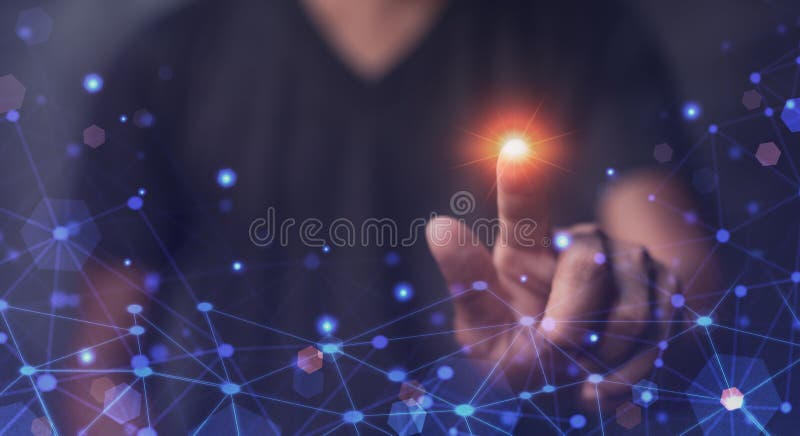 Human Hand Touching Abstract Network Circle Technology Structure. Stock ...