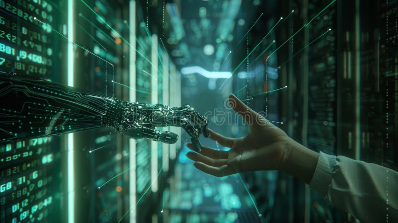 Human Hand Touching an Android Hand on a Glass Hallway of Computer ...