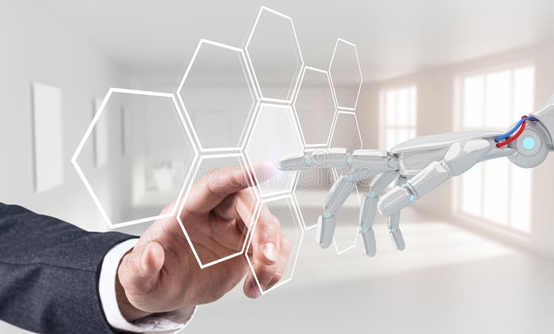 Human Hand Touching an Android Hand in Virtual Reality. Stock Photo ...
