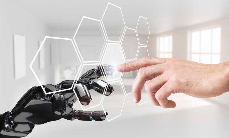 Human Hand Touching an Android Hand in Virtual Reality. Stock Image ...