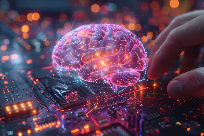 Hand Touching Circuit Board with Brain Generative AI Stock Illustration ...