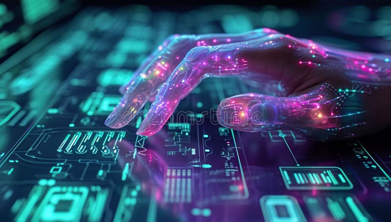 Hand Touching Computer Keyboard with Glowing Lights Stock Illustration ...