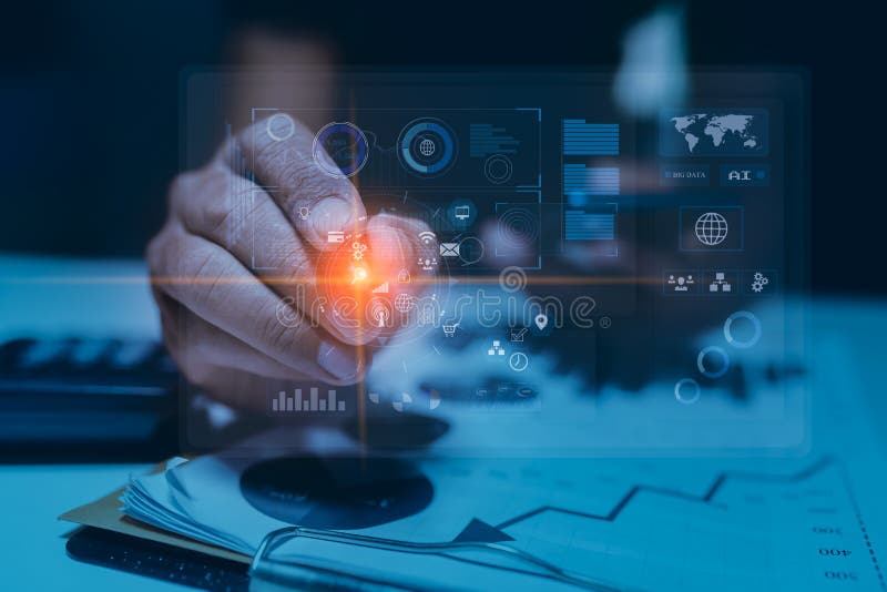 Human Hand Touching on Digital Business Interface Icons. Business ...