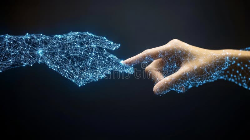 Human Hand Touching Digital Hand Connecting Together in Cyberspace ...