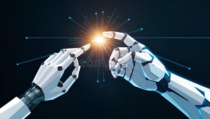 Human Hand Touching Digital Hand, Digital and Technological Blue ...