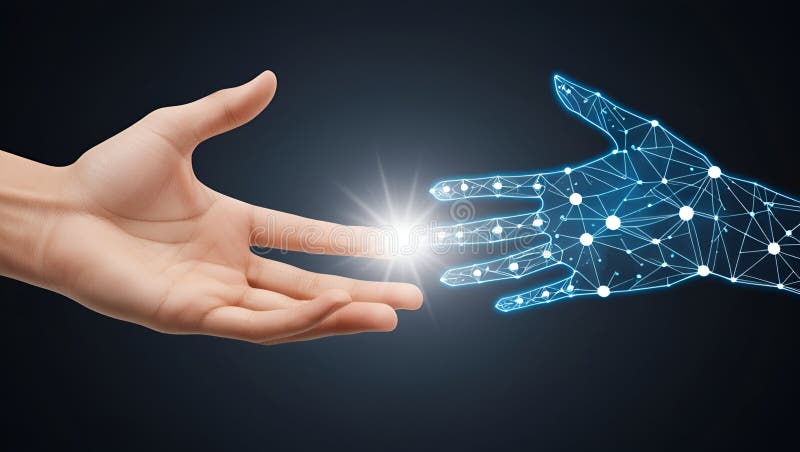 Human Hand Touching Digital Hand, Digital and Technological Blue ...