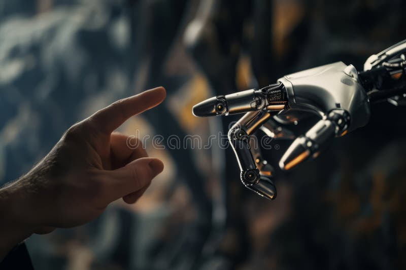 Generative AI Illustration Human Hand Touching Fingers with a Cyborg ...