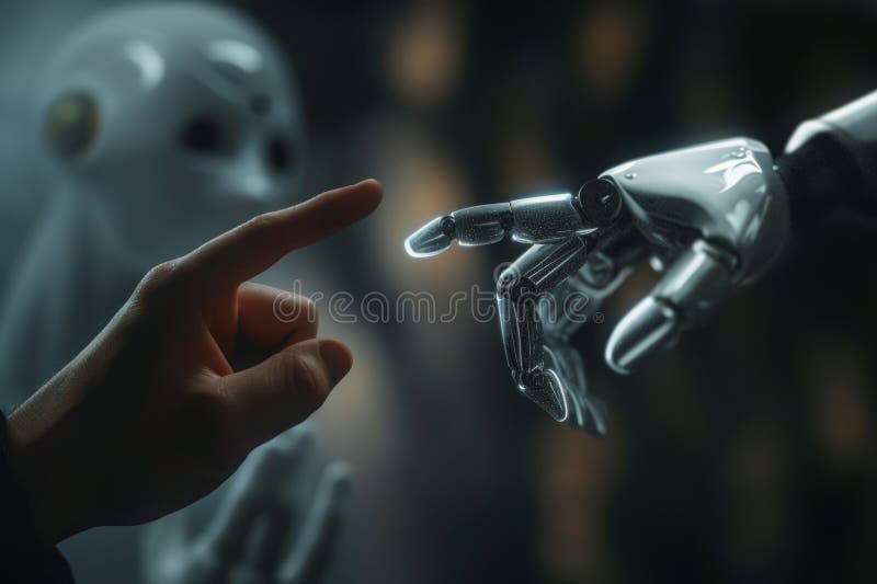 Generative AI Illustration Human Hand Touching Fingers with a Cyborg ...