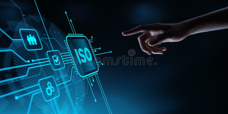 Human Hand Touching Futuristic Virtual Screen with ISO Icon Stock ...