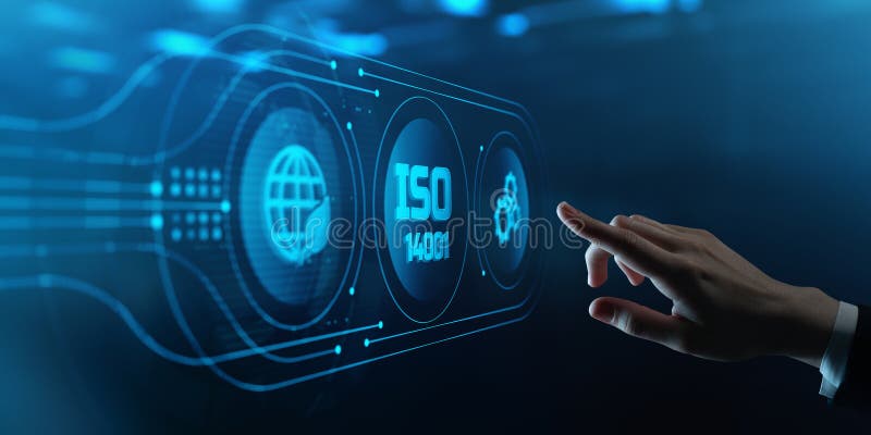 Human Hand Touching Futuristic Virtual Screen with ISO 14001 Icon Stock ...