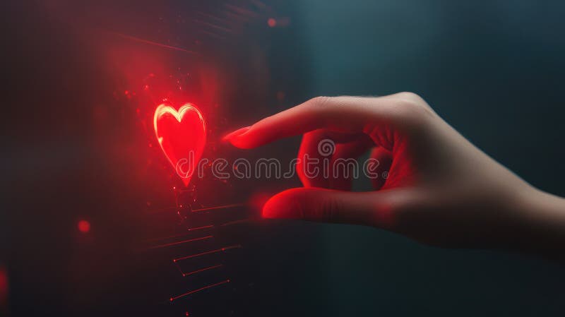 Human Hand Touching a Glowing Red Heart on a Touchscreen Created with ...