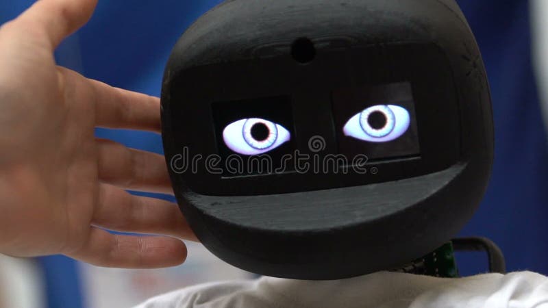 Human Hand Touching Head of Robot Model with Liquid Crystal Display LCD ...