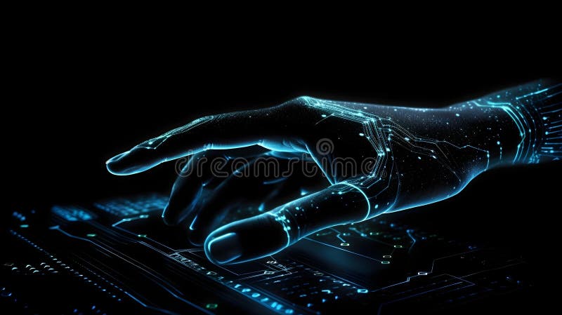 Human Hand Touching Hologram Screen with Finger with Glowing Polygonal ...