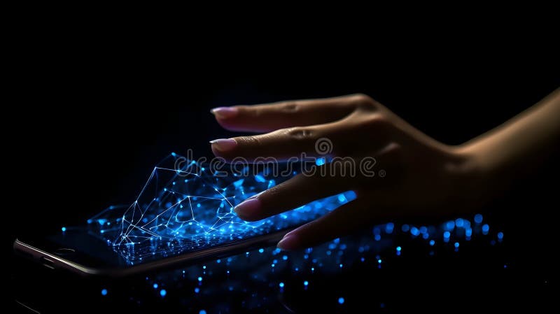 Human Hand Touching Hologram Screen with Finger with Glowing Polygonal ...