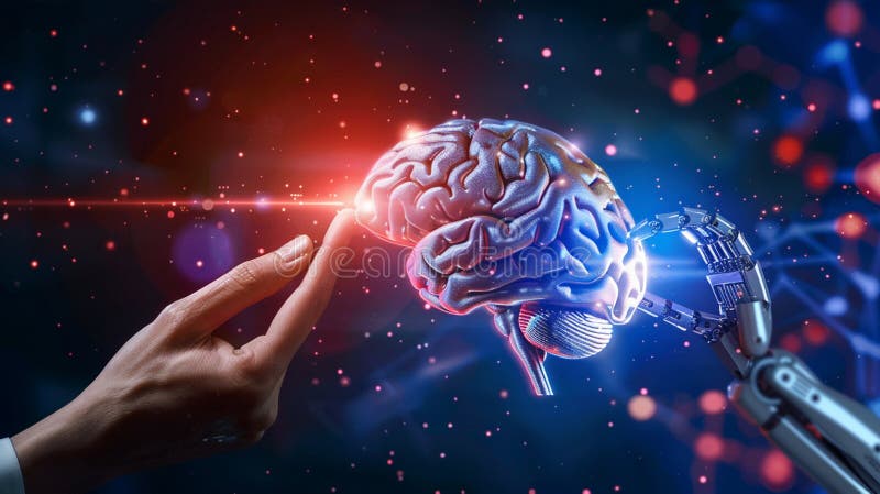 Human Hand Touching a Holographic Brain Interfacing with a Robotic Arm, a Metaphor for AI and ...