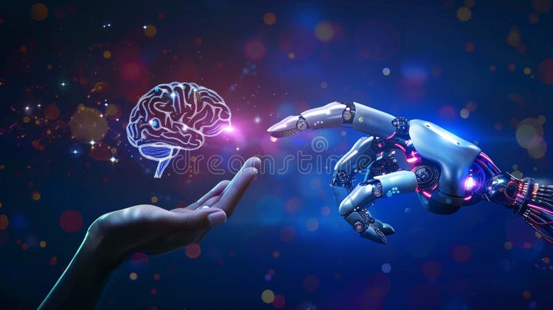 Human Hand Touching a Holographic Brain Interfacing with a Robotic Arm, a Metaphor for AI and ...