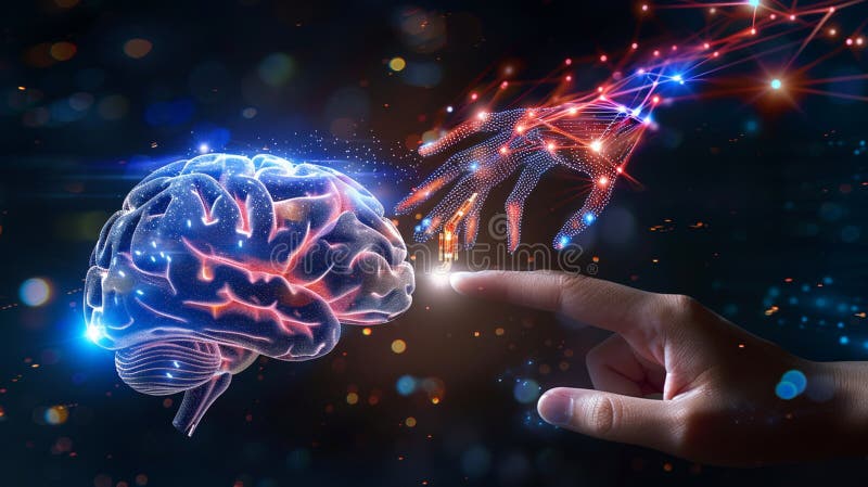 Human Hand Touching a Holographic Brain Interfacing with a Robotic Arm ...