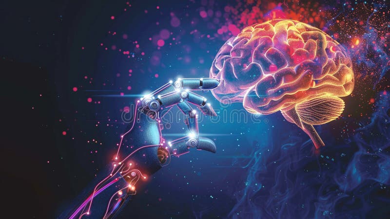 Human Hand Touching a Holographic Brain Interfacing with a Robotic Arm ...