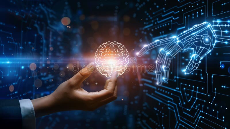 Human Hand Touching a Holographic Brain Interfacing with a Robotic Arm ...