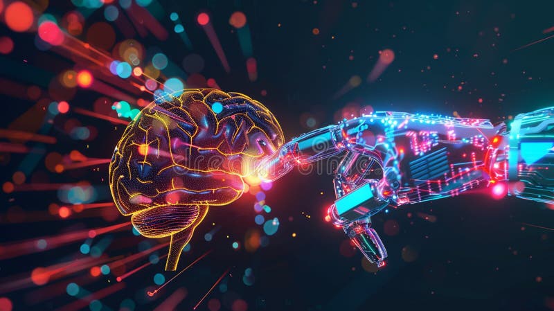 Human Hand Touching a Holographic Brain Interfacing with a Robotic Arm ...