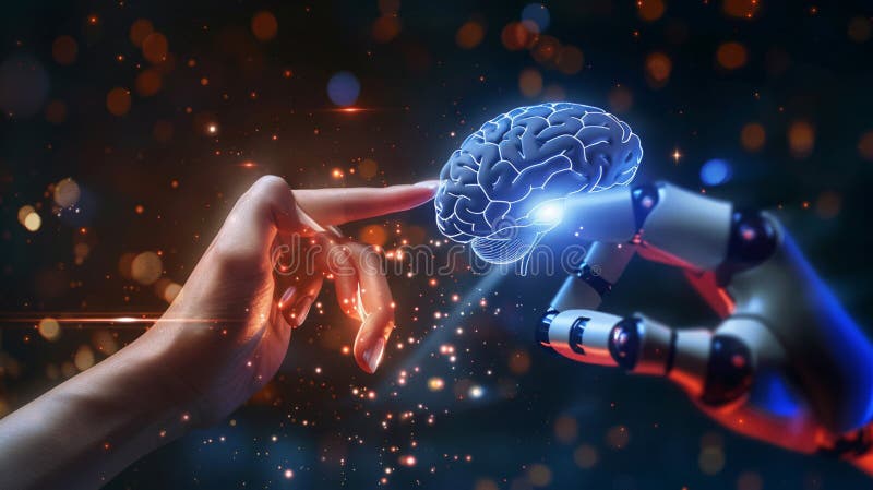 Human Hand Touching a Holographic Brain Interfacing with a Robotic Arm ...