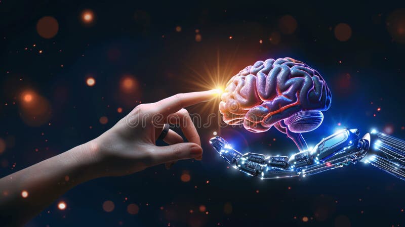 Human Hand Touching a Holographic Brain Interfacing with a Robotic Arm ...