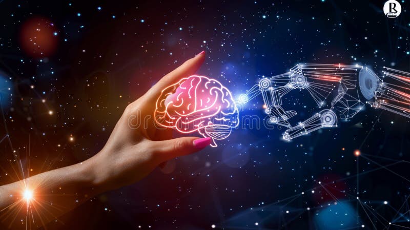 Human Hand Touching a Holographic Brain Interfacing with a Robotic Arm ...