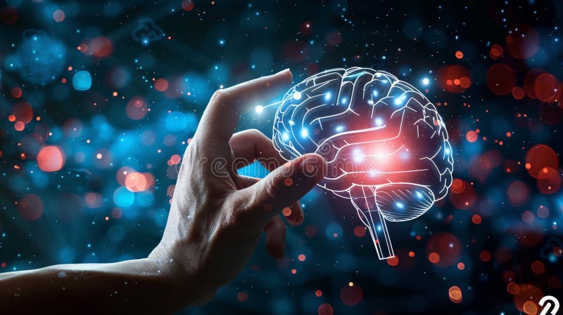 Human Hand Touching a Holographic Brain Interfacing with a Robotic Arm ...