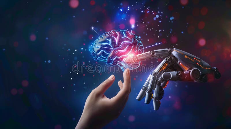 Human Hand Touching a Holographic Brain Interfacing with a Robotic Arm ...