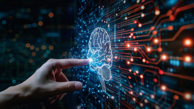 Human Hand Touching a Holographic Brain Interfacing with a Robotic Arm ...