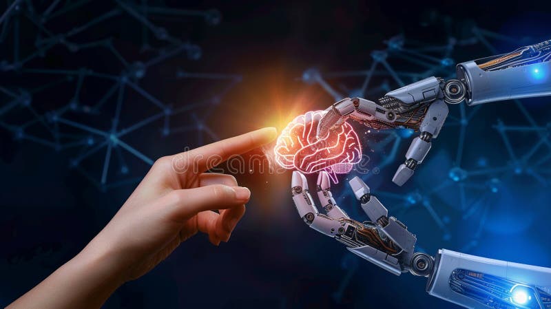 Human Hand Touching a Holographic Brain Interfacing with a Robotic Arm ...