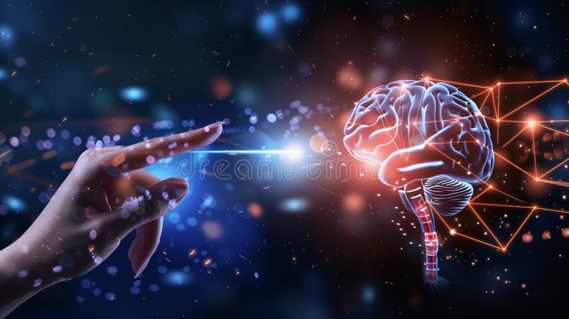 Human Hand Touching a Holographic Brain Interfacing with a Robotic Arm ...